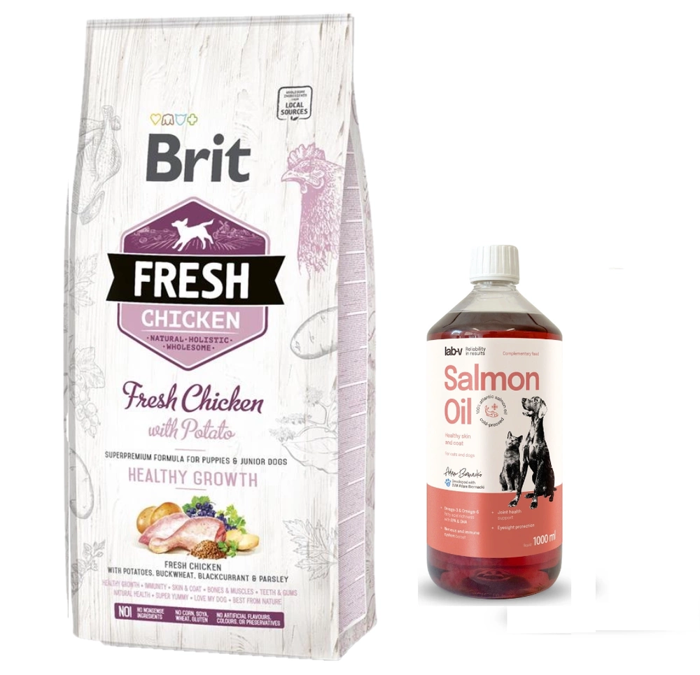Brit Fresh Chicken & Potato Puppy Healthy Growth 12kg+LAB V Salmon Oil ...